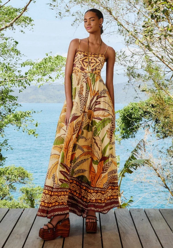 FARM RIO Foliage Sketch Sand Maxi Dress – White Bohemian