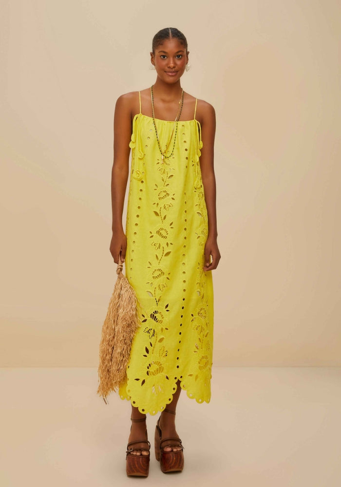 FARM RIO Yellow Flowers Richelieu Maxi Dress – White Bohemian