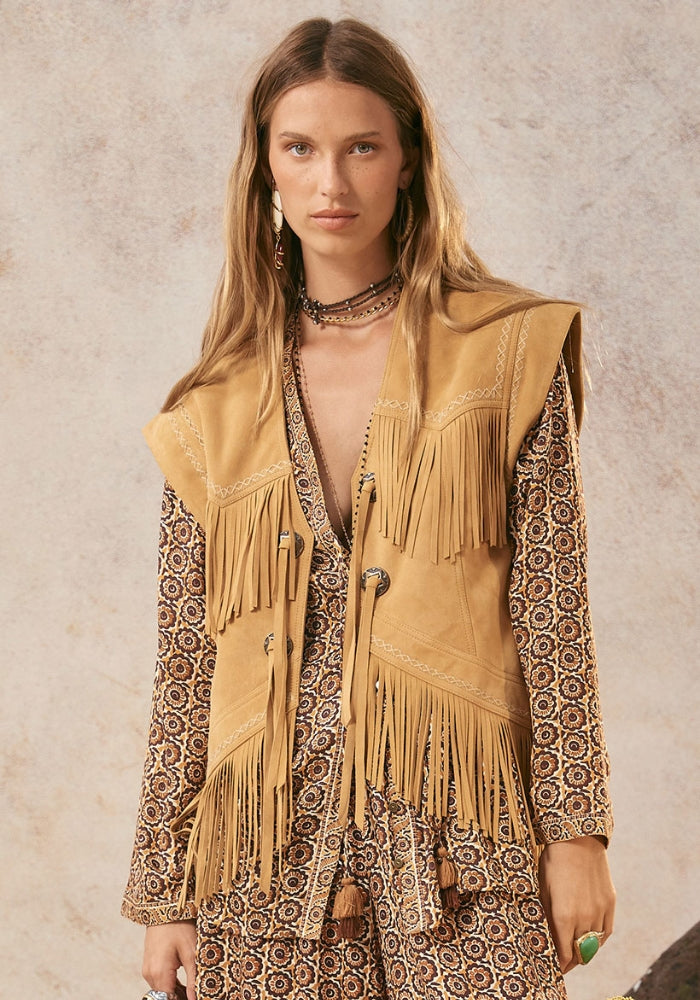 SPELL Fearless Heart Suede Fringe Vest - Sun Glow – White Bohemian